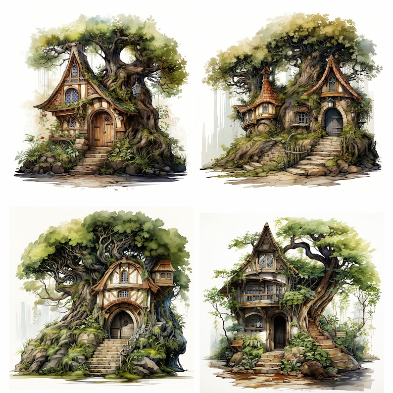 Tree House Watercolor, 20 Tree Cottage House, Cottage Forest Bundle ...