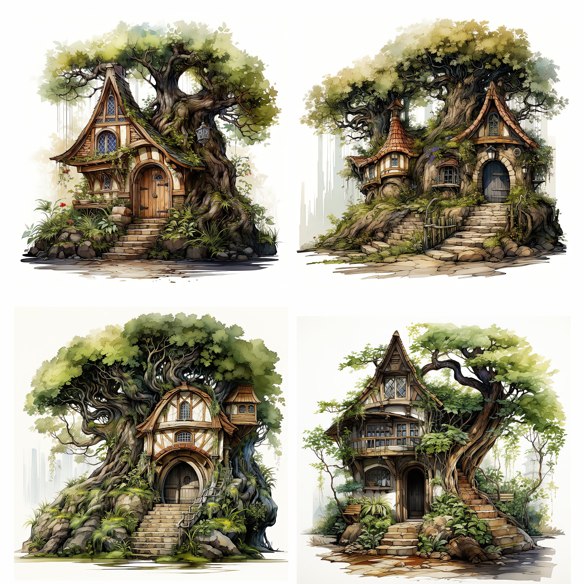 Tree House Watercolor, 20 Tree Cottage House, Cottage Forest Bundle ...