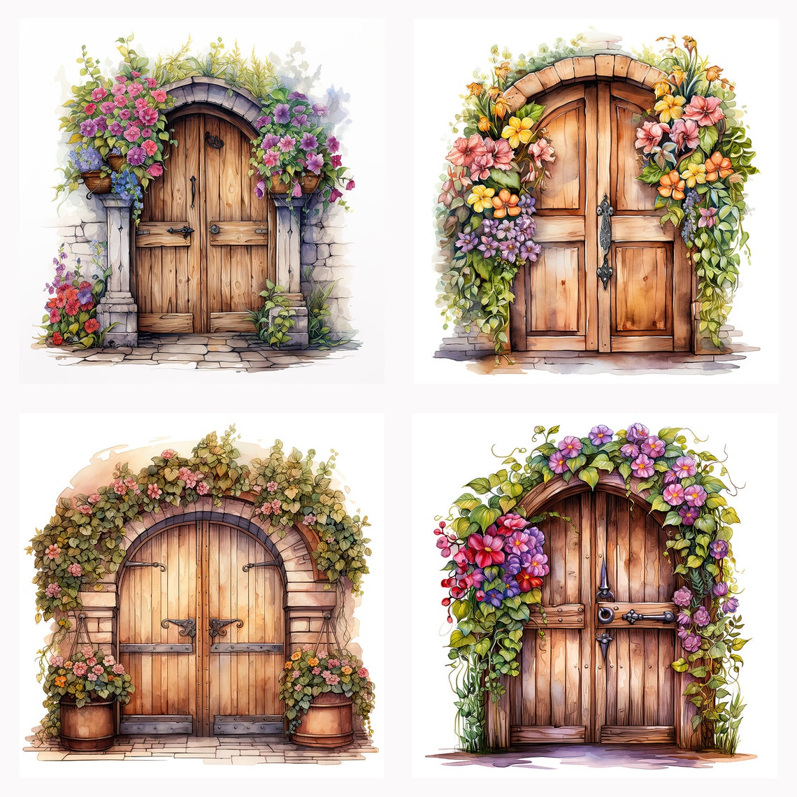 Floral Doors Watercolor Clipart: Cottage Garden Scrapbook (digital ...