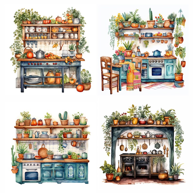 Watercolor Boho Kitchen, Boho Kitchen Clipart Bundle, 25 High Quality ...