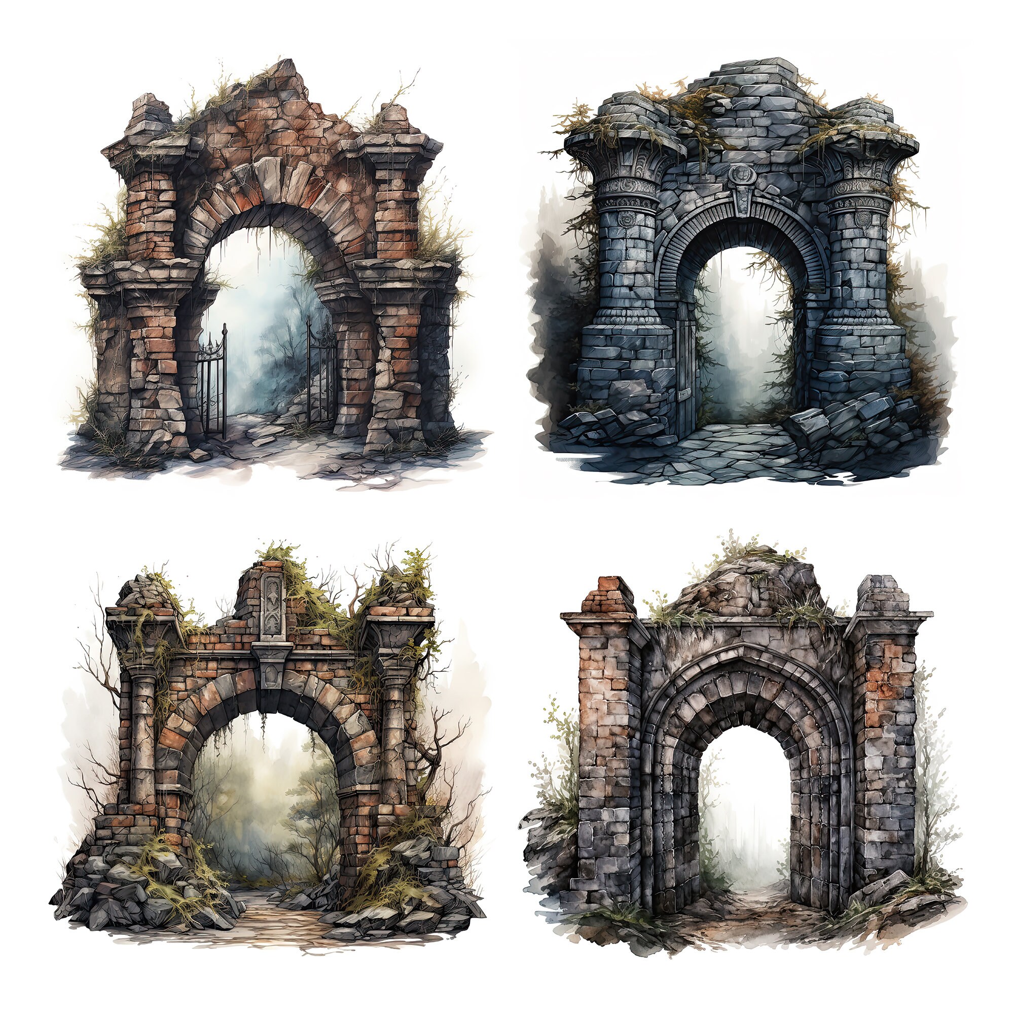 Old Dark Stone Gate Watercolor, 25 Gothic Stone Gates Clipart, Stone ...