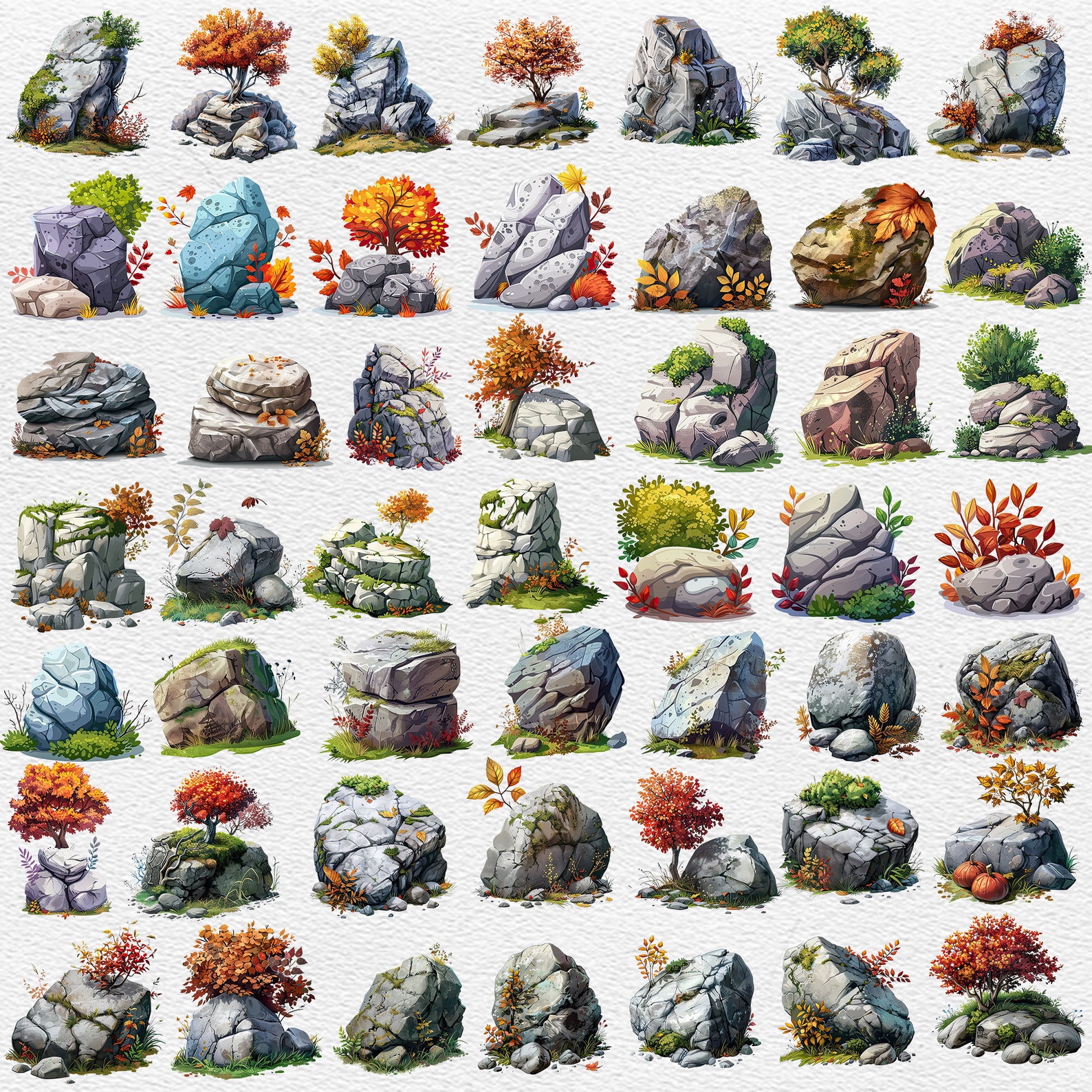 Rocks Clipart, 218 Mossy Rocks Watercolor, Stone Rocks Bundle Clipart ...
