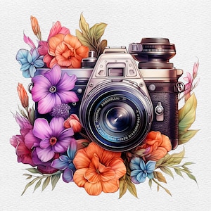 Floral Camera Clipart, 23 Watercolor Camera Flowers, Retro Classic ...