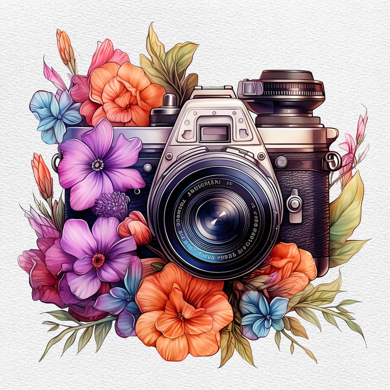 Floral Camera Clipart, 23 Watercolor Camera Flowers, Retro Classic ...