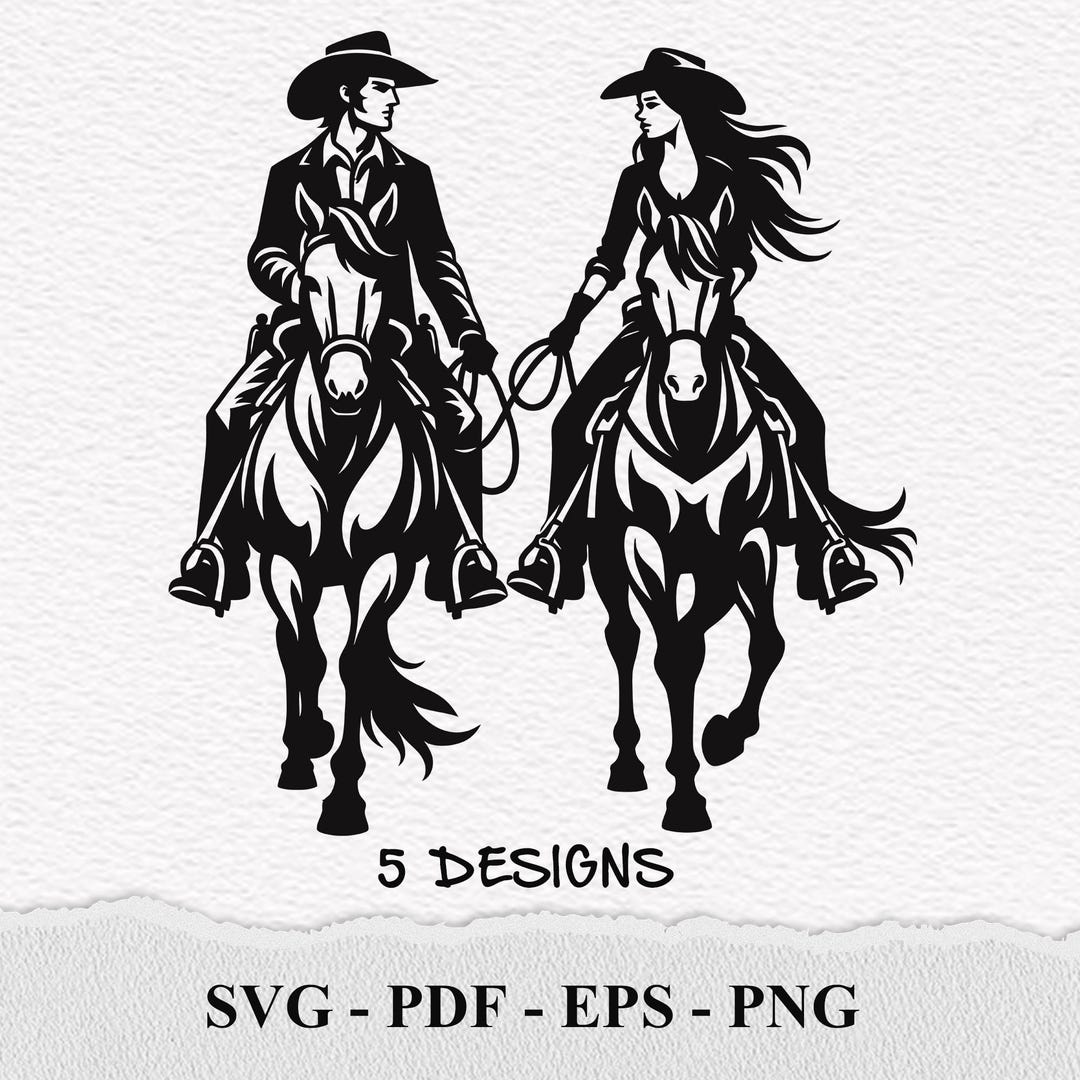 Cowboy Couple Riding Horse SVG: Western Silhouette Vector (digital ...