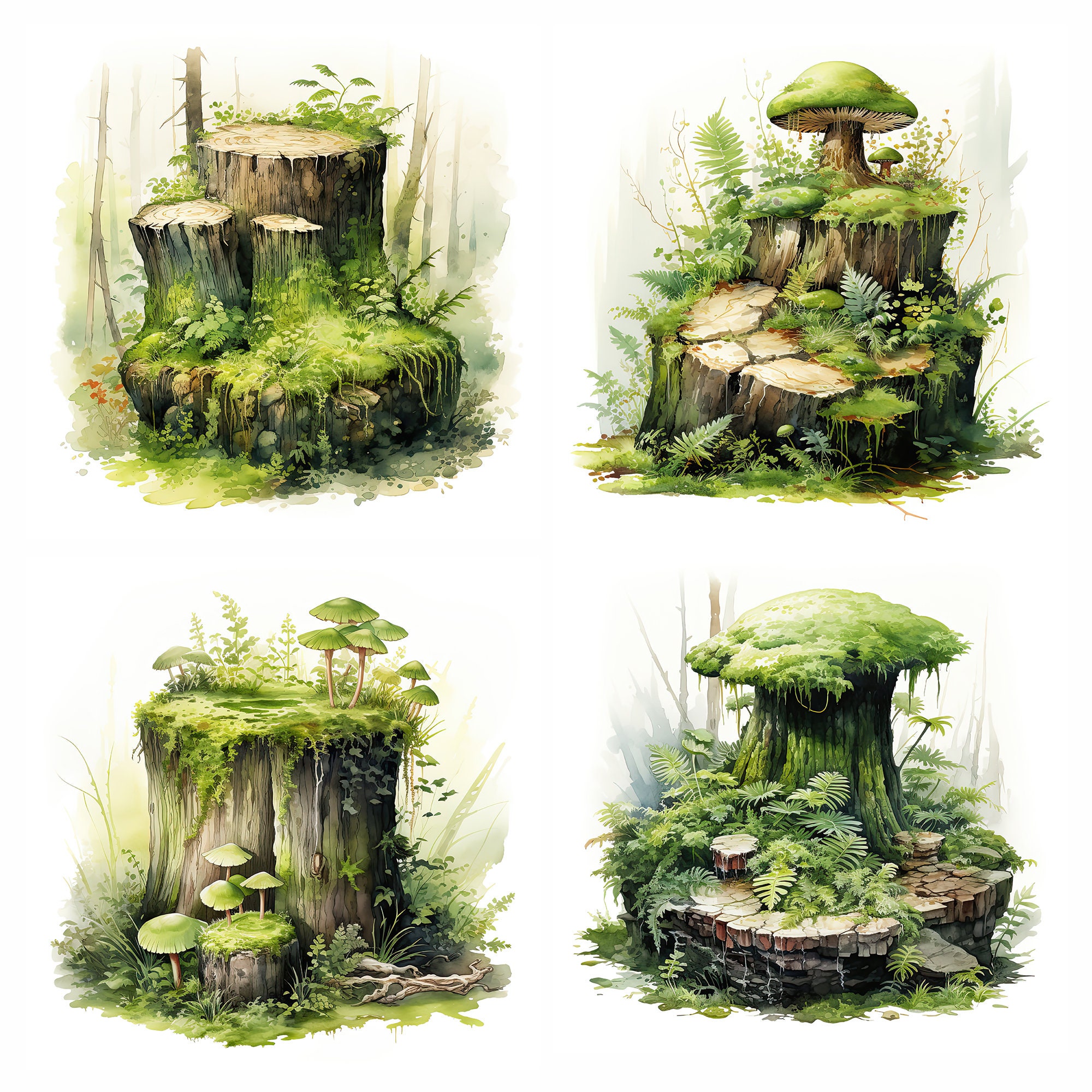 Mossy Tree Stump Watercolor, 20 Mossy Tree Trunk, Tree Stump Bundle ...