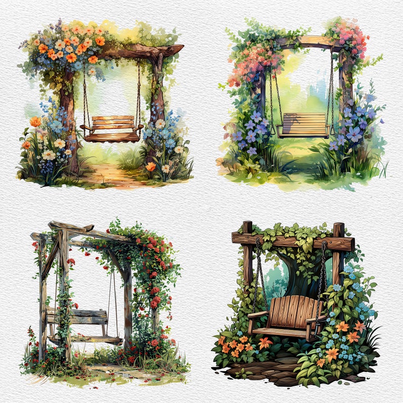 Cozy Wooden Garden Swing Clipart, Floral Overgrown Wooden Swing ...