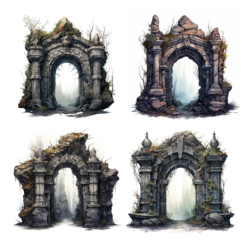Old Dark Stone Gate Watercolor, 25 Gothic Stone Gates Clipart, Stone ...