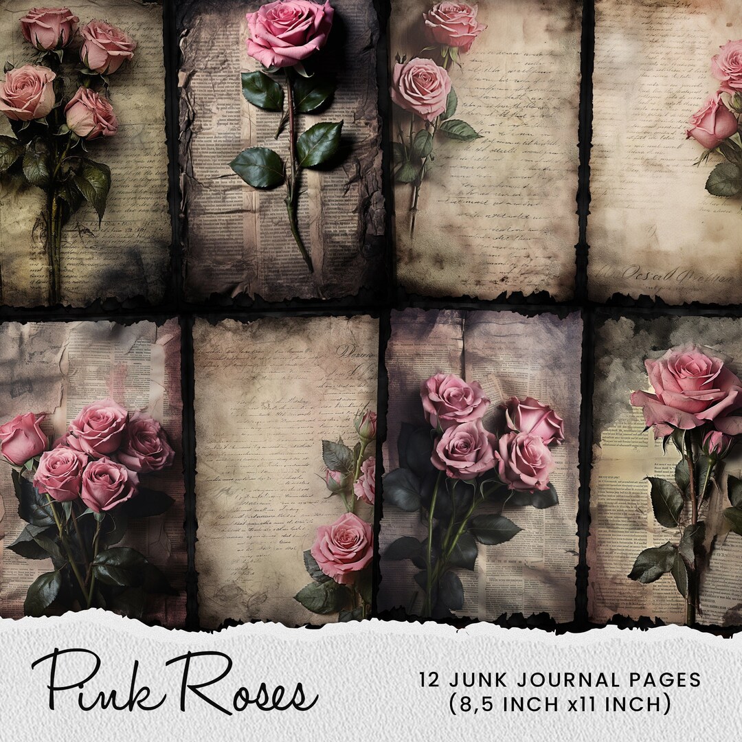 Rose Junk Journal Pages, Pink Rose Flower Old Paper, Pink Roses Digital ...