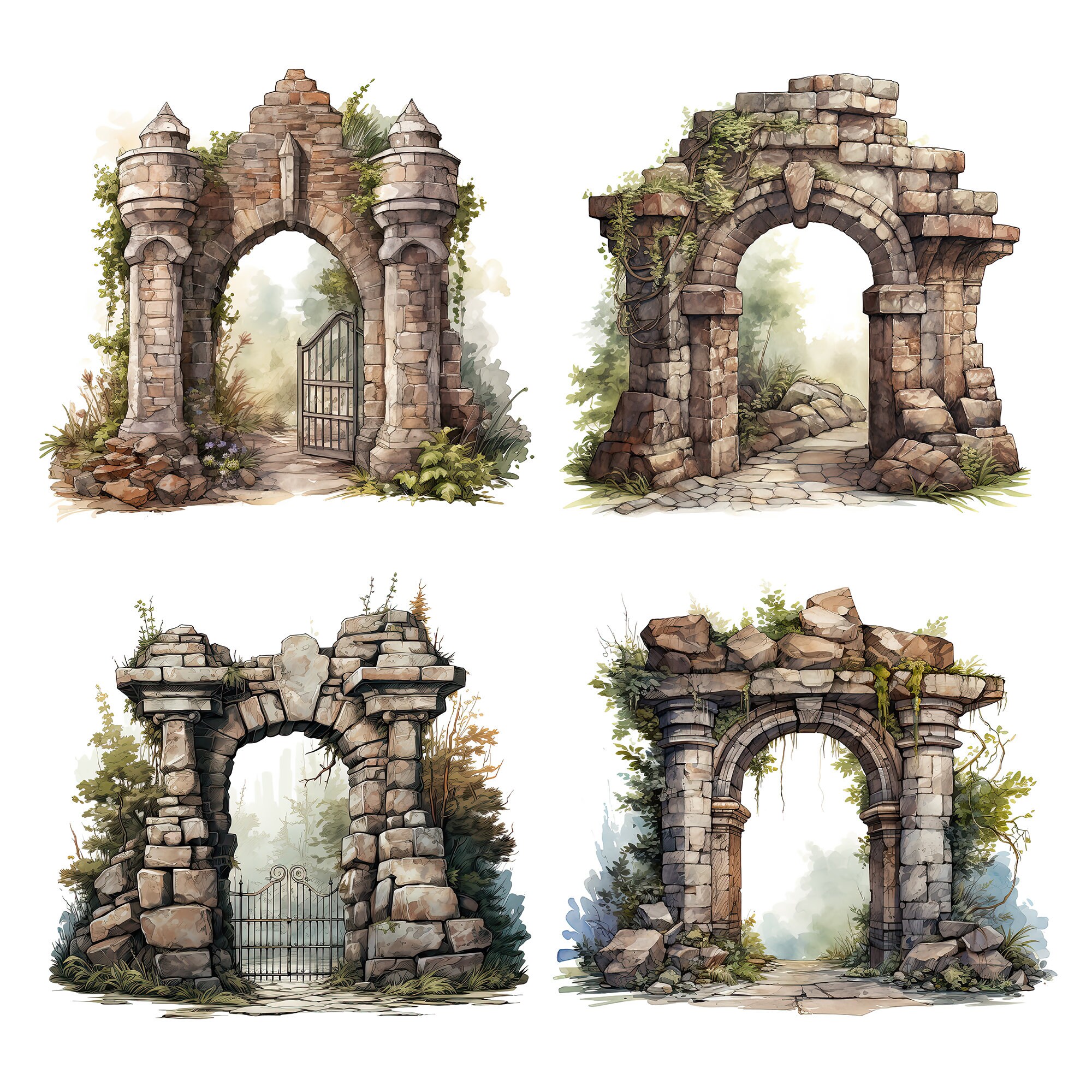 Old Stone Gate Watercolor, 25 Rustic Stone Gates Clipart , Stone Gates ...