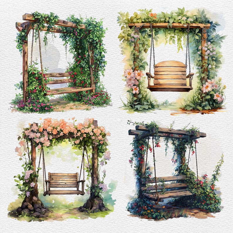 Cozy Wooden Garden Swing Clipart, Floral Overgrown Wooden Swing ...