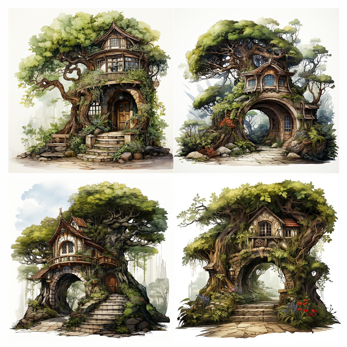 Tree House Watercolor, 20 Tree Cottage House, Cottage Forest Bundle ...