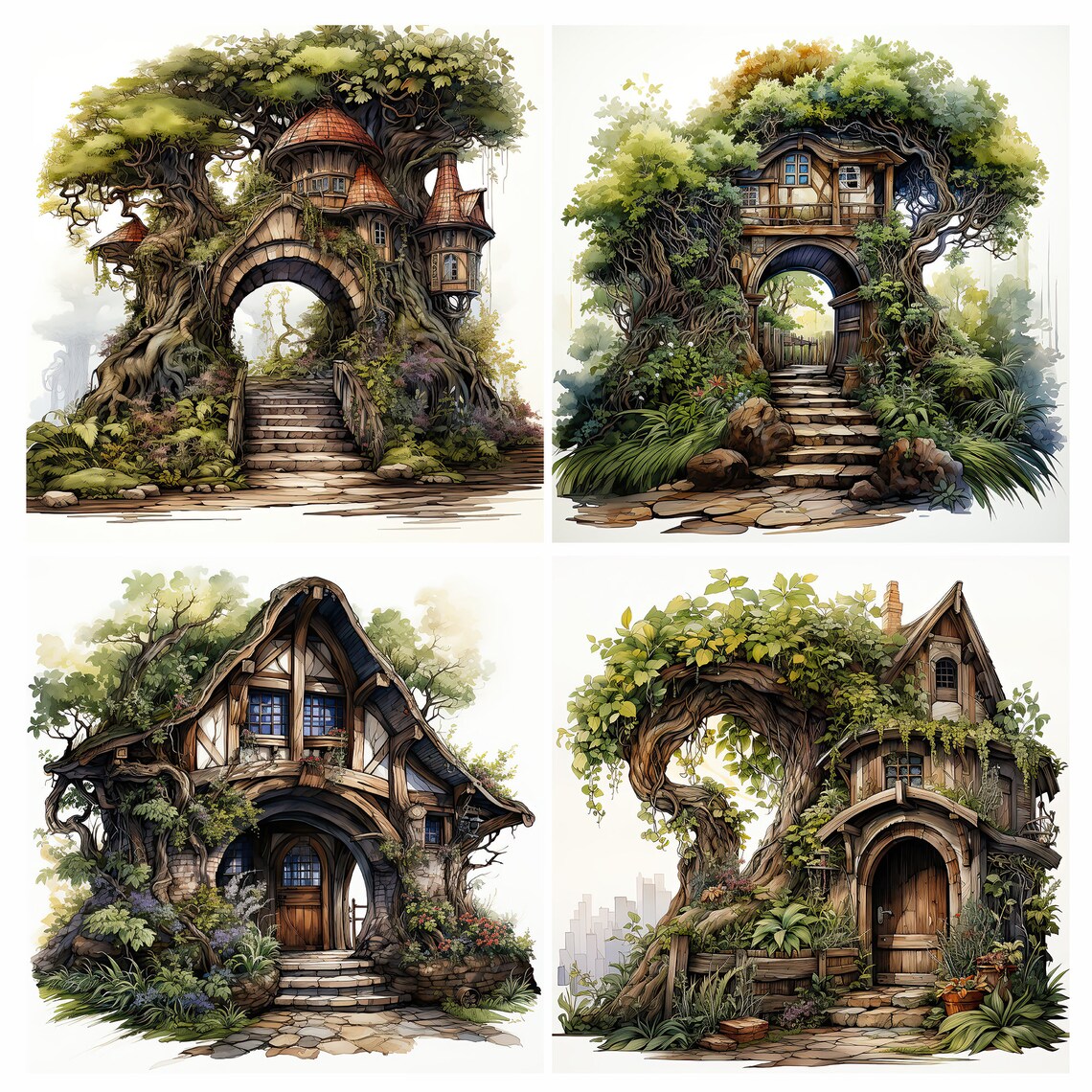 Tree House Watercolor, 20 Tree Cottage House, Cottage Forest Bundle ...