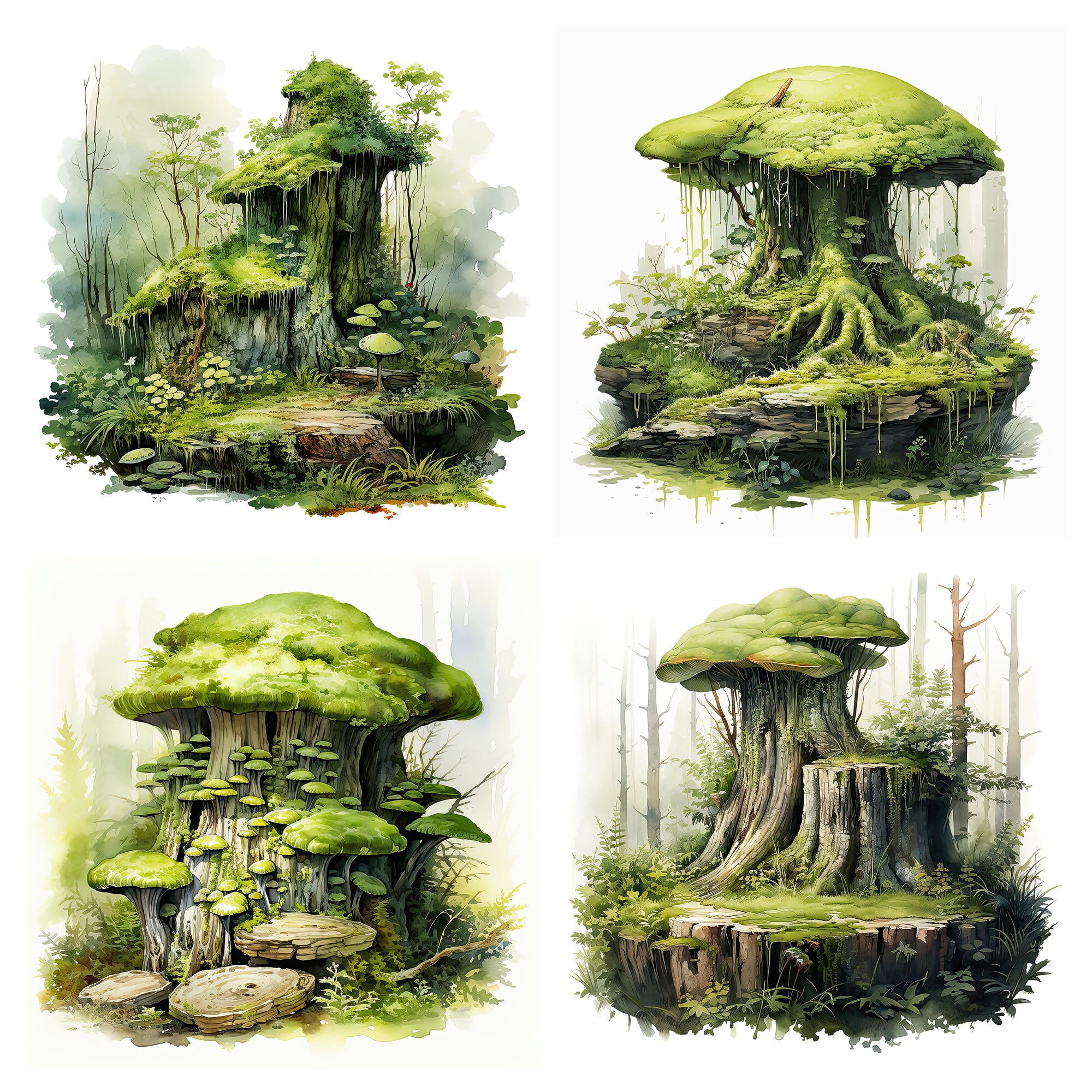 Mossy Tree Stump Watercolor, 20 Mossy Tree Trunk, Tree Stump Bundle ...