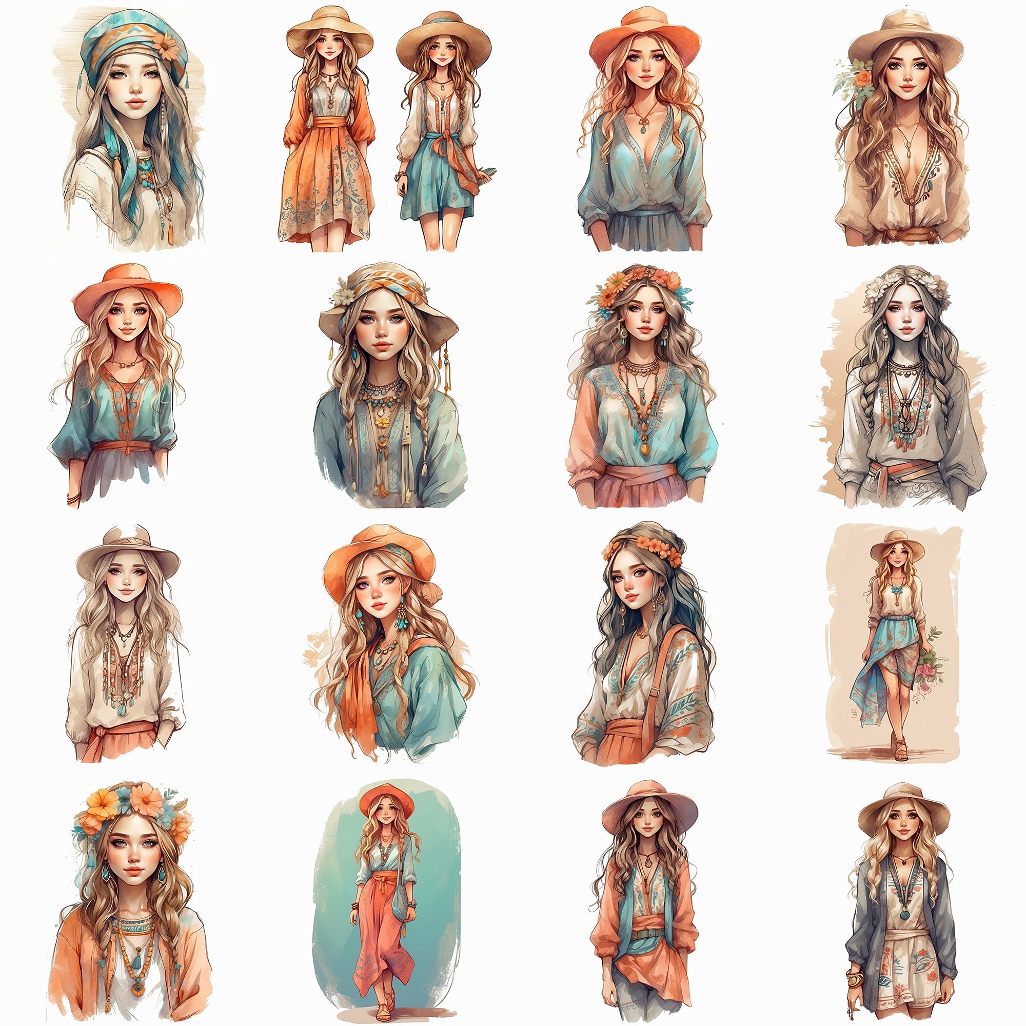 Boho Girls Clipart, Bohemian Girls, Boho Girls Printable Wall Art, Boho ...