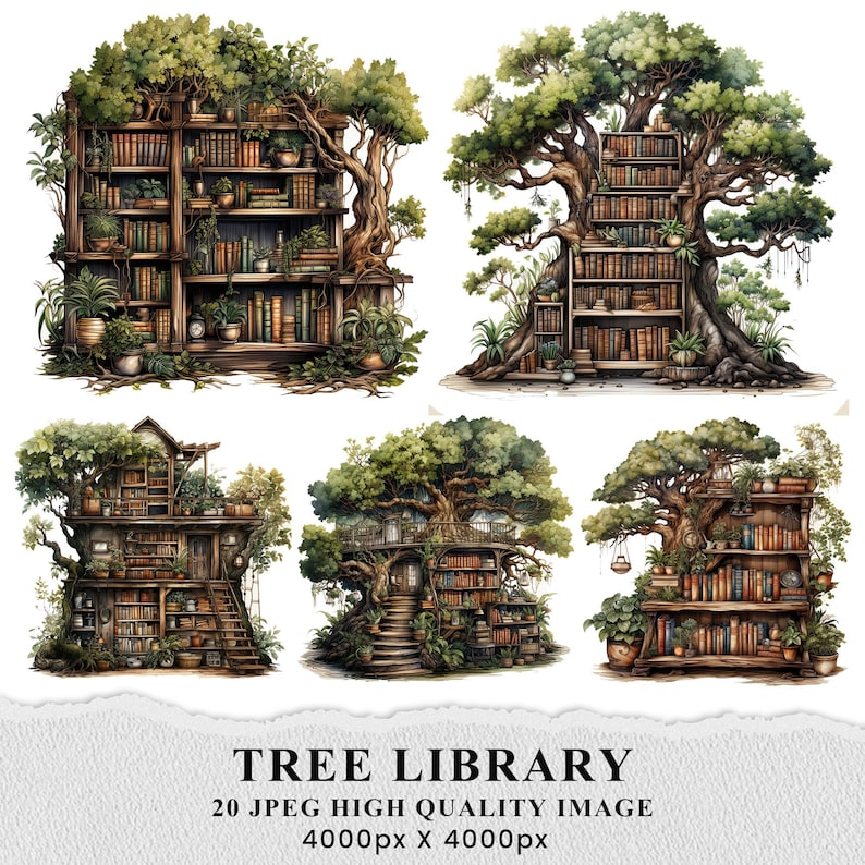 Tree Library Watercolor, 20 Tree Forest Library, Tree Forest Bookshelf ...
