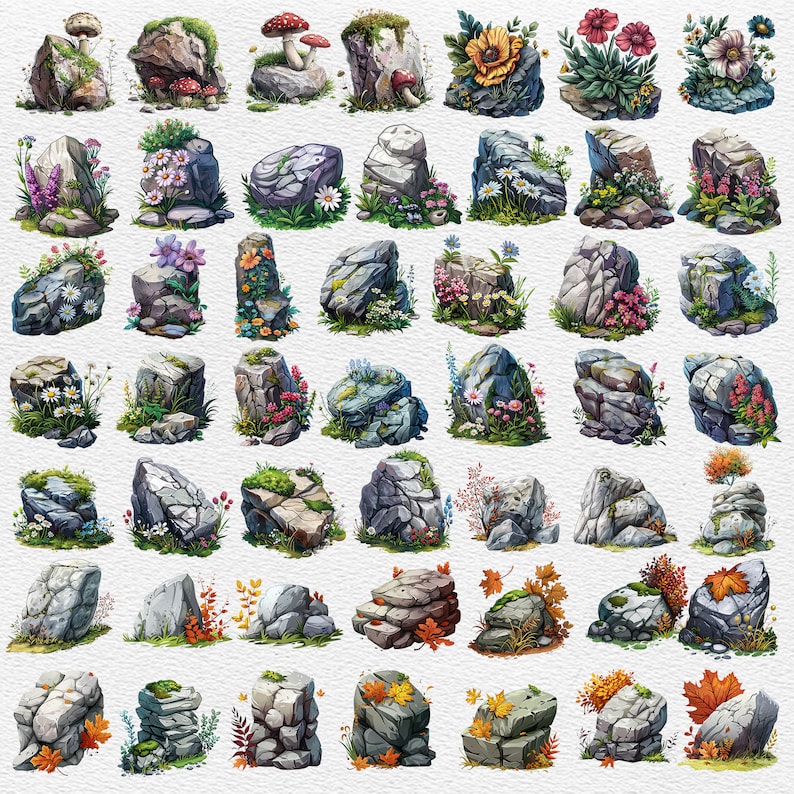 Rocks Clipart, 218 Mossy Rocks Watercolor, Stone Rocks Bundle Clipart ...