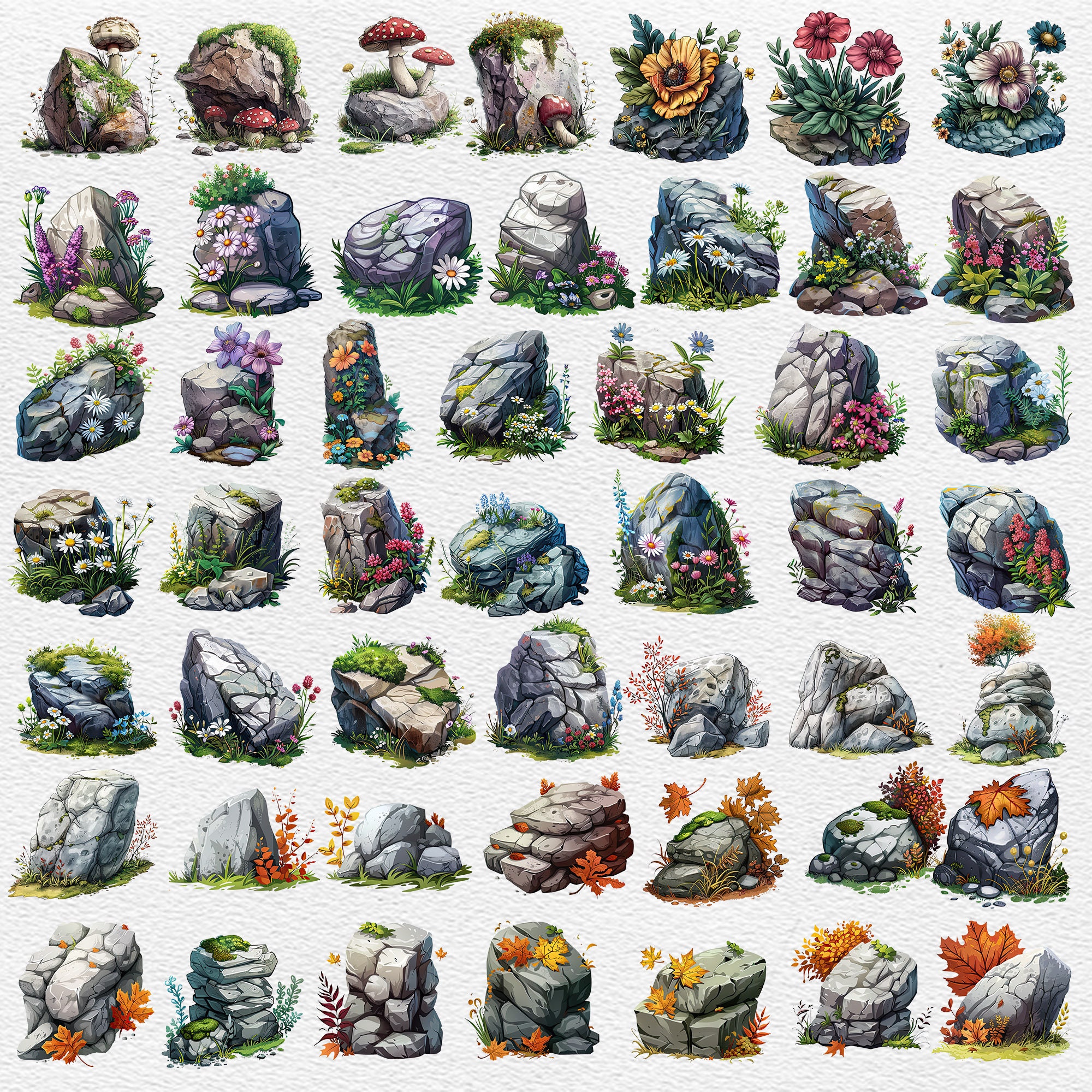 Rocks Clipart, 218 Mossy Rocks Watercolor, Stone Rocks Bundle Clipart ...