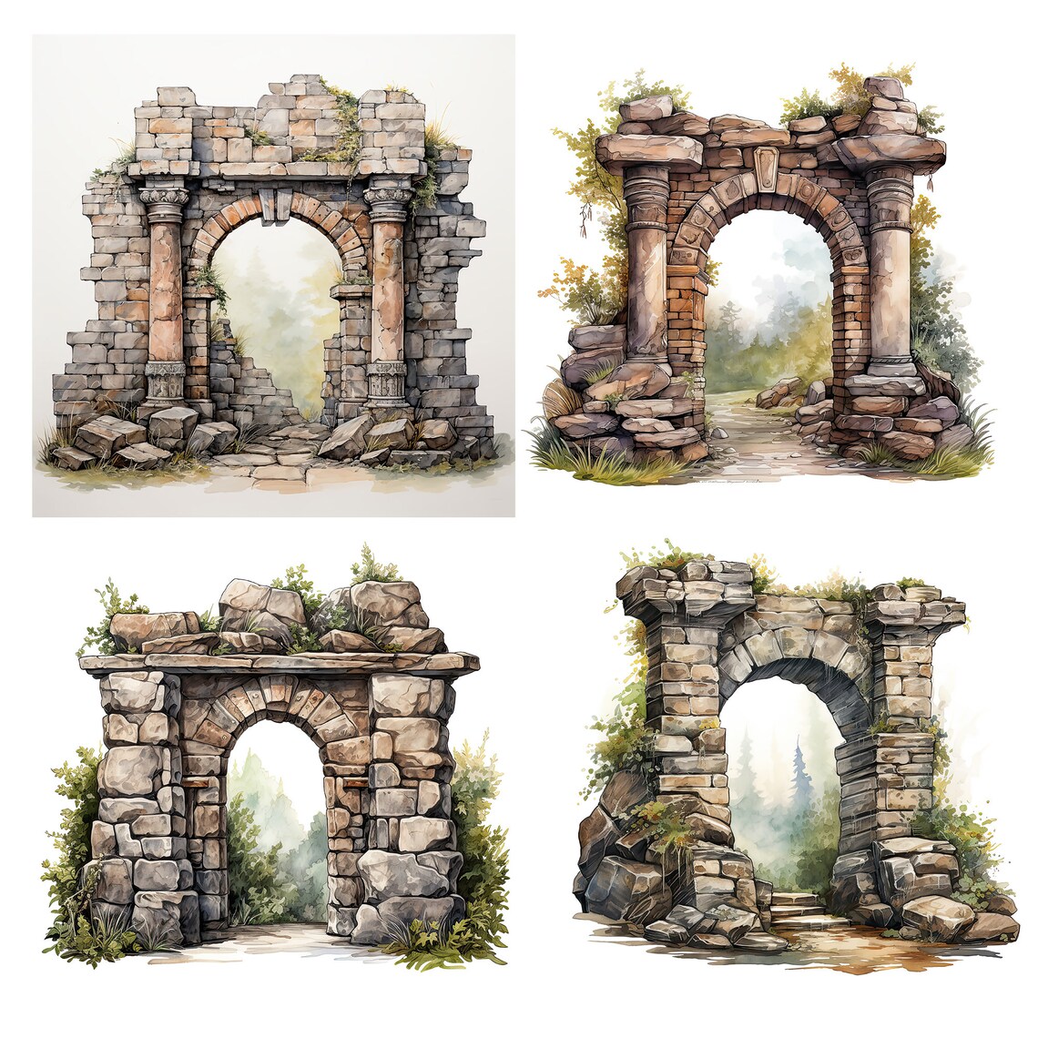 Old Stone Gate Watercolor, 25 Rustic Stone Gates Clipart , Stone Gates ...