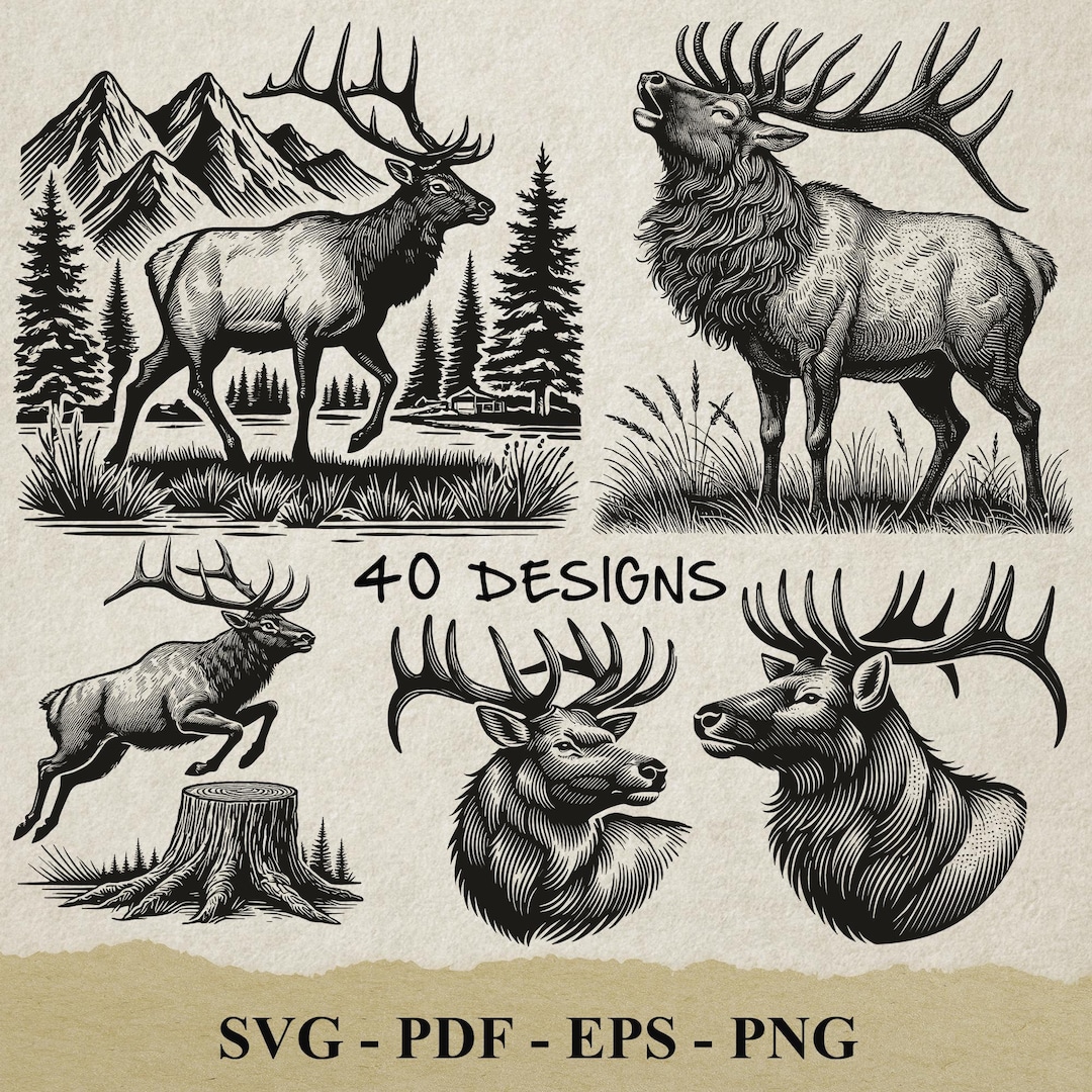 Vintage Elk Vector Illustration: Bugling Silhouette Cut Files (SVG, PNG ...