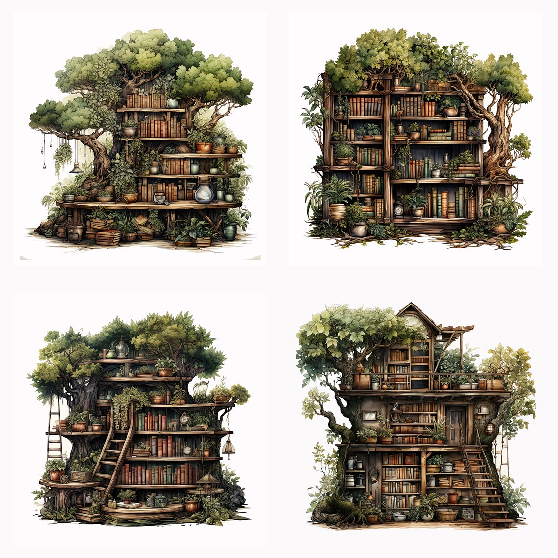 Tree Library Watercolor, 20 Tree Forest Library, Tree Forest Bookshelf ...
