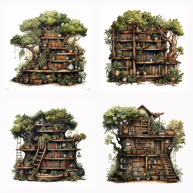 Tree Library Watercolor, 20 Tree Forest Library, Tree Forest Bookshelf ...