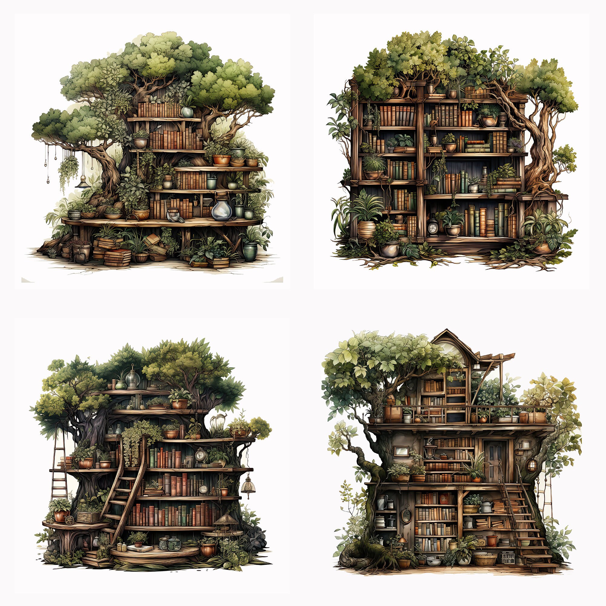 Tree Library Watercolor, 20 Tree Forest Library, Tree Forest Bookshelf ...
