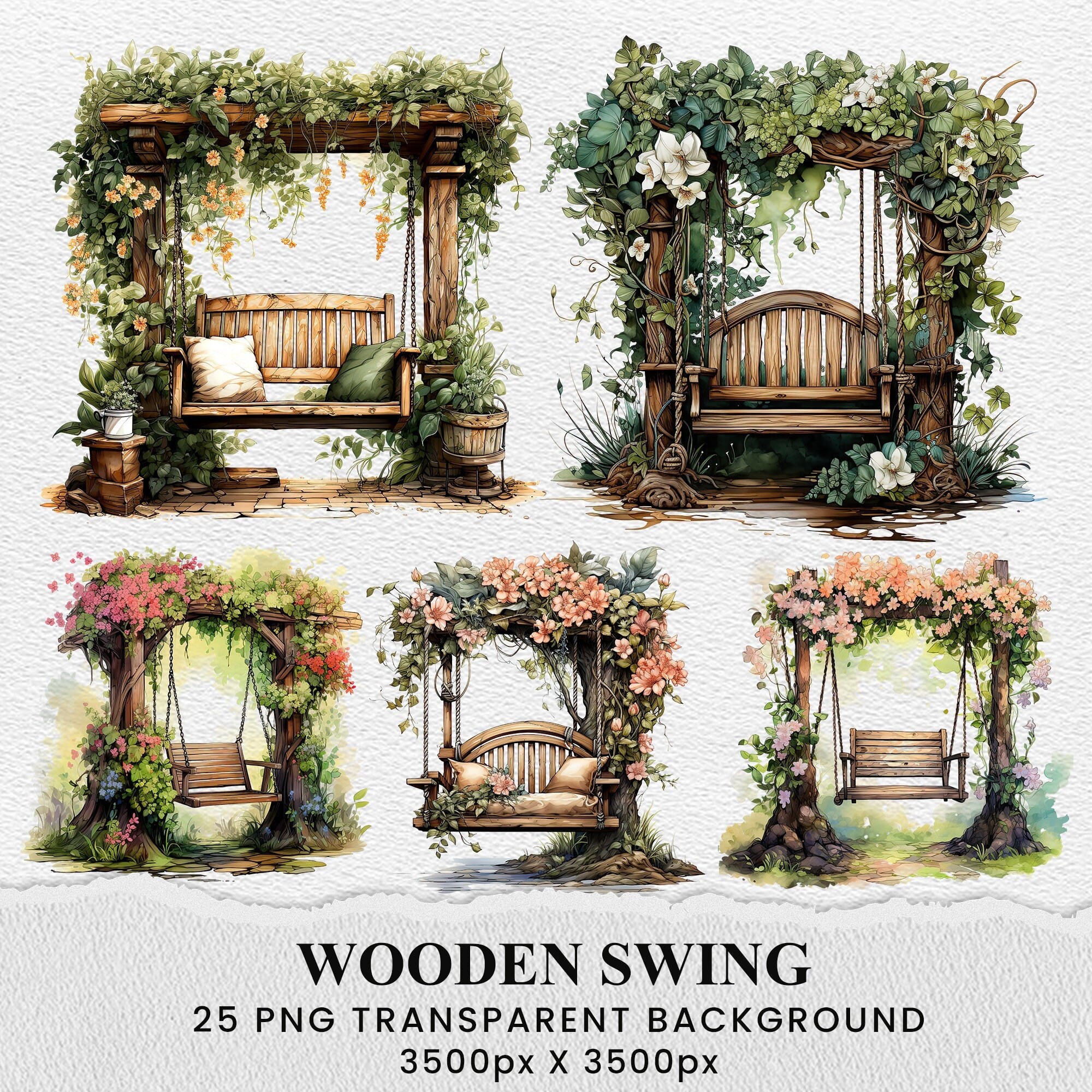Cozy Wooden Garden Swing Clipart, Floral Overgrown Wooden Swing ...