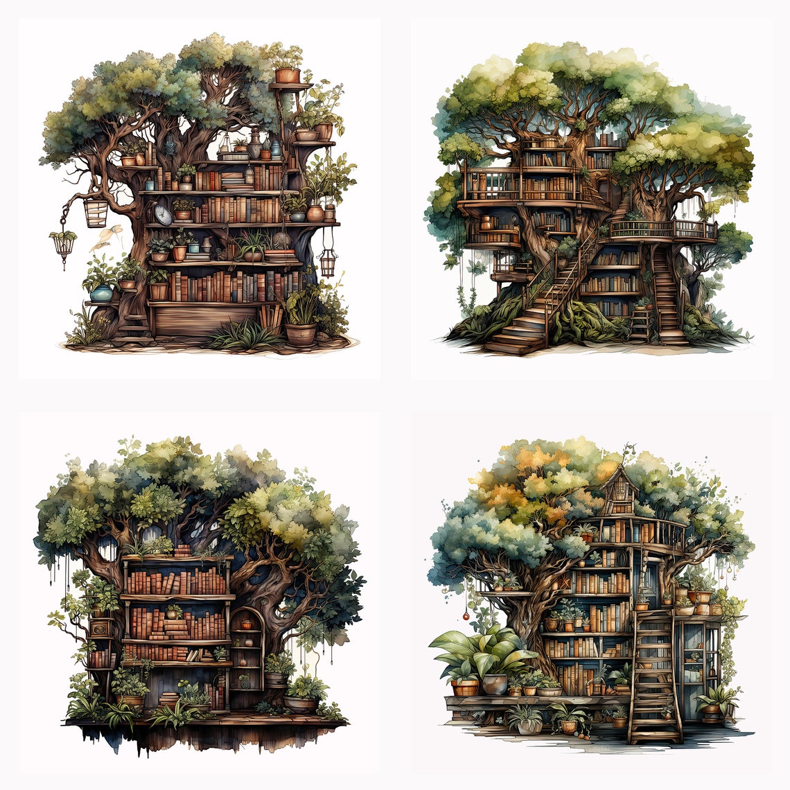 Tree Library Watercolor, 20 Tree Forest Library, Tree Forest Bookshelf ...