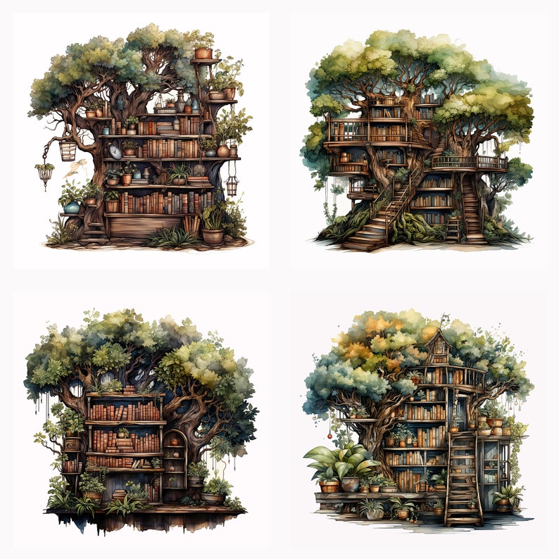 Tree Library Watercolor, 20 Tree Forest Library, Tree Forest Bookshelf ...