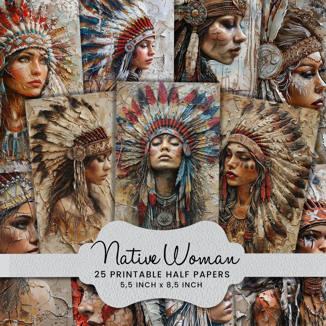 Native American Woman, Western Native Indian Lady Half Paper Mixed ...