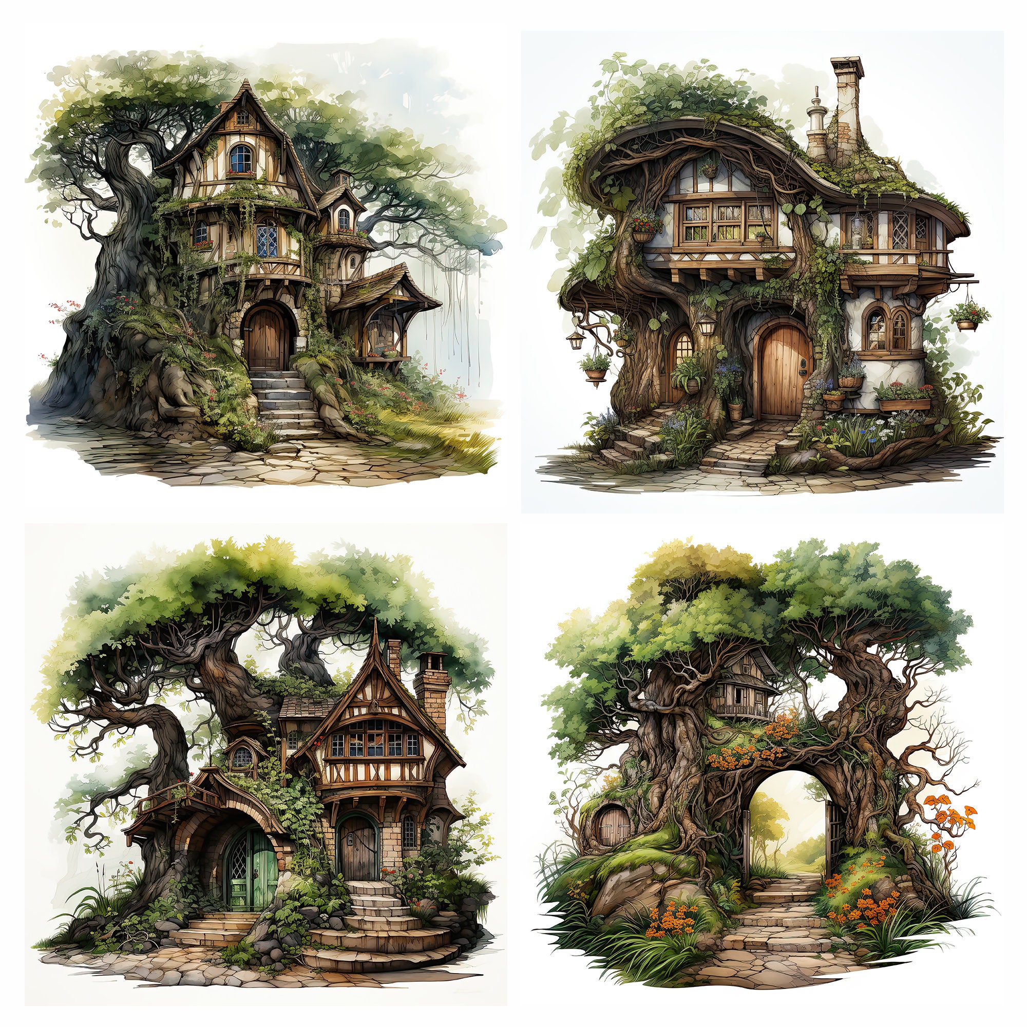 Tree House Watercolor, 20 Tree Cottage House, Cottage Forest Bundle ...