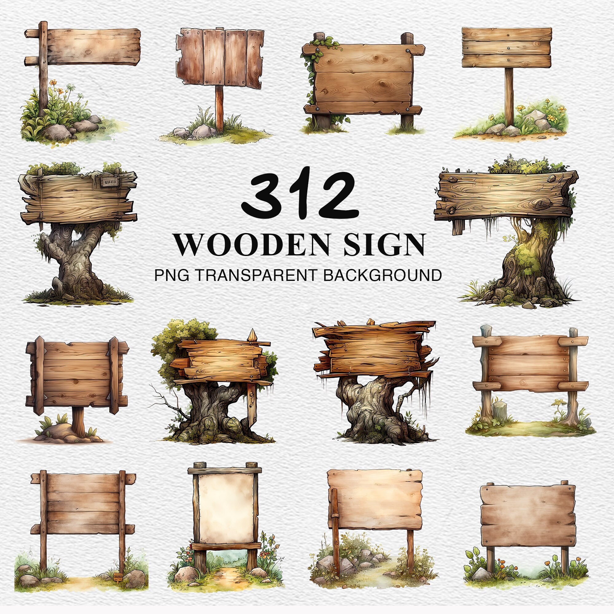 Wooden Sign Watercolor Clipart, 312 PNG Wooden Sign, Wood Sign ...