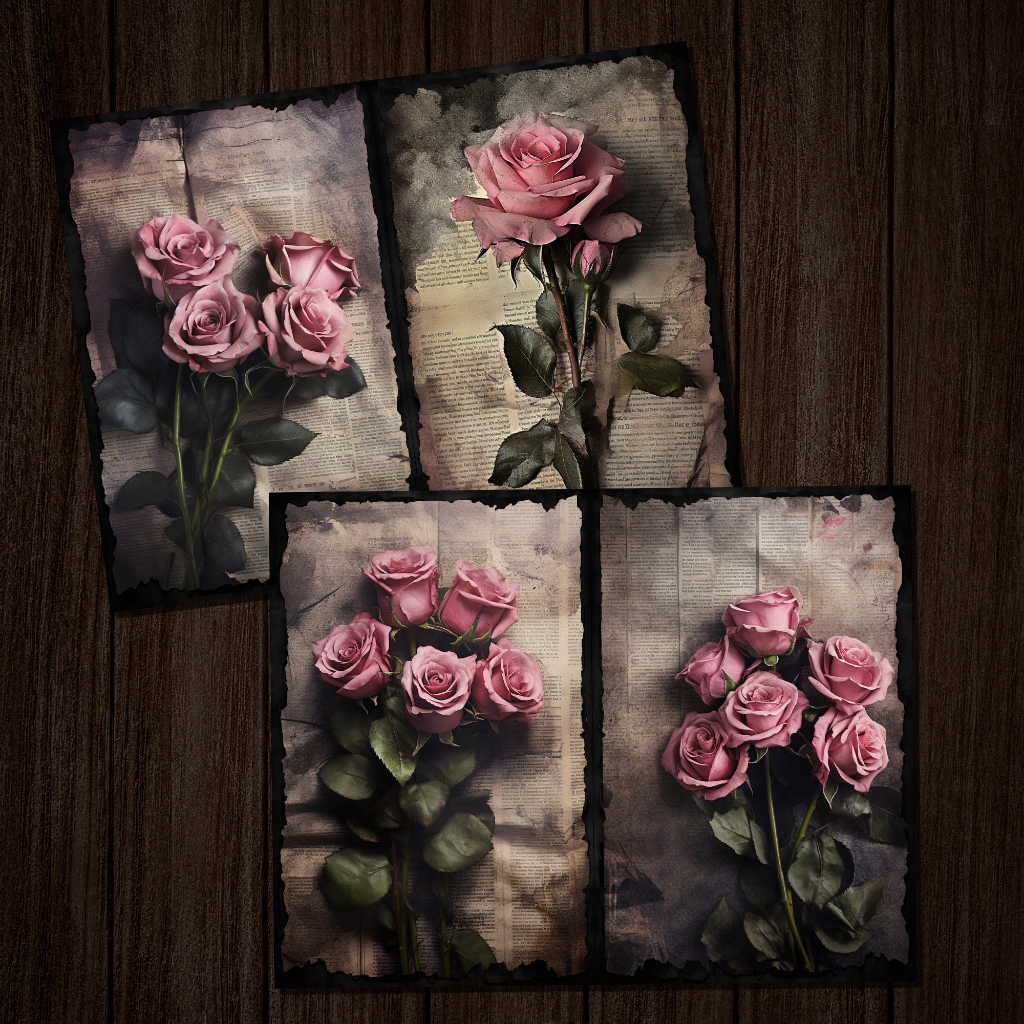 Rose Junk Journal Pages, Pink Rose Flower Old Paper, Pink Roses Digital ...