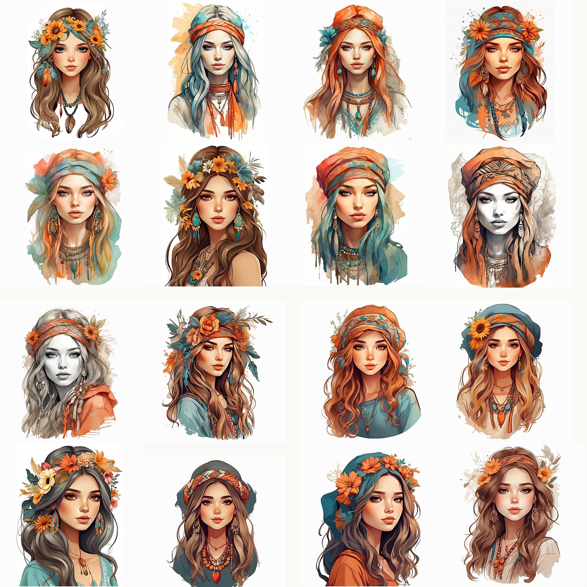 Boho Girls Clipart, Bohemian Girls, Boho Girls Printable Wall Art, Boho ...