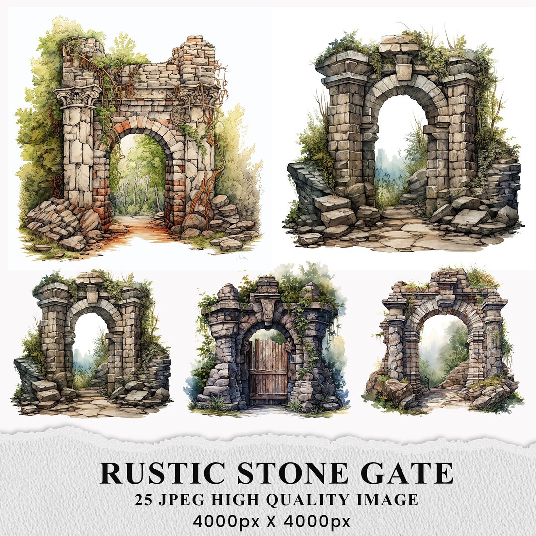Old Stone Gate Watercolor, 25 Rustic Stone Gates Clipart , Stone Gates ...