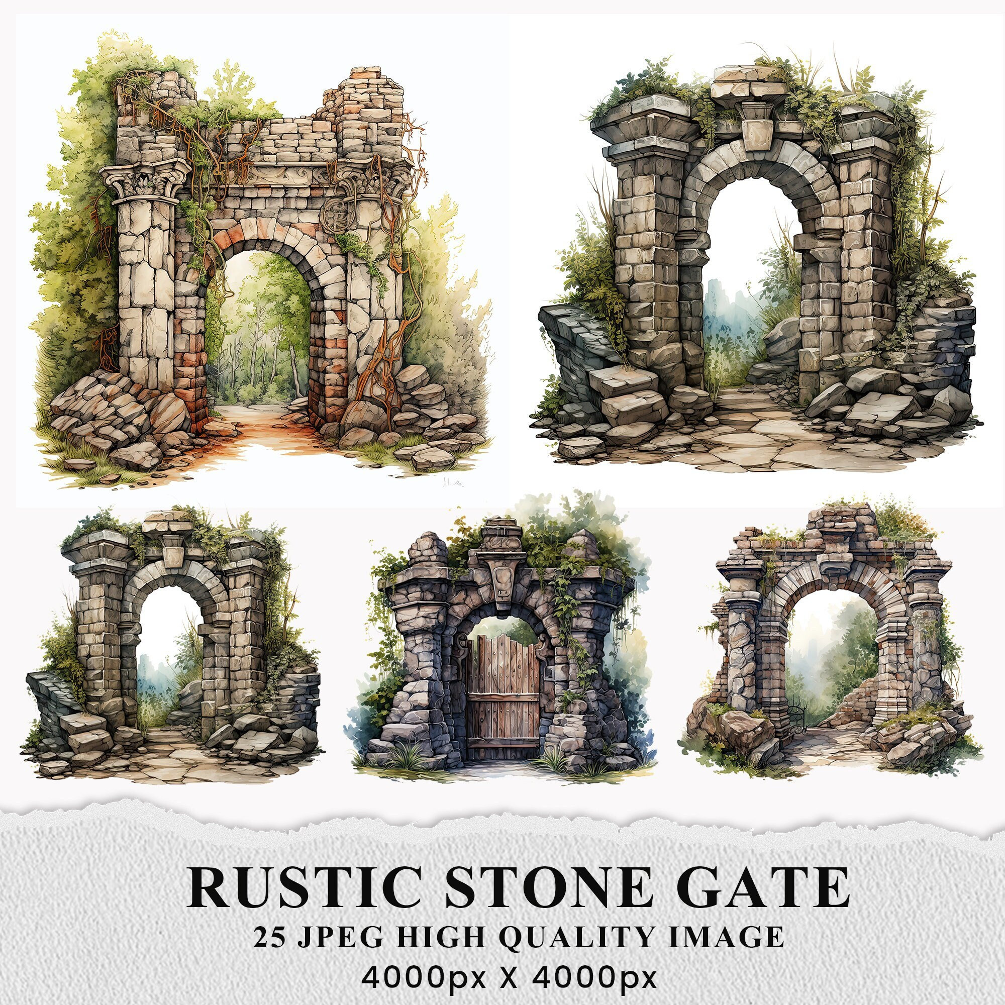 Old Stone Gate Watercolor, 25 Rustic Stone Gates Clipart , Stone Gates ...