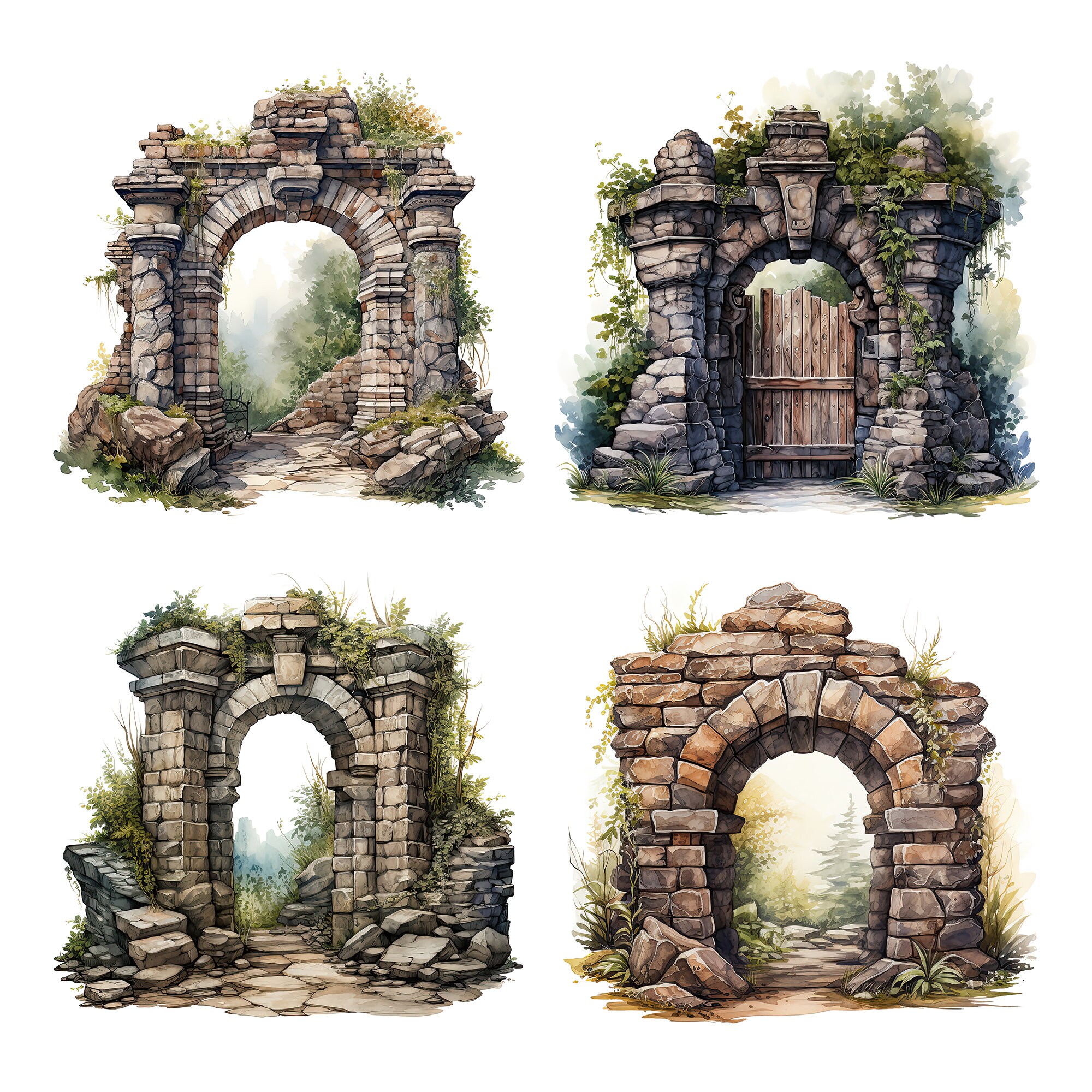 Old Stone Gate Watercolor, 25 Rustic Stone Gates Clipart , Stone Gates ...