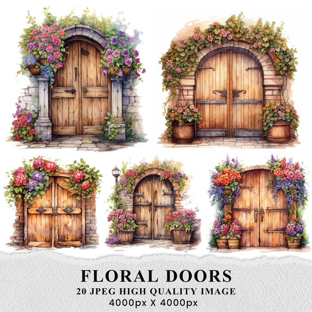 Flowers Doors Watercolor, 20 Floral Doors Clipart , Beauty Flowers Door ...
