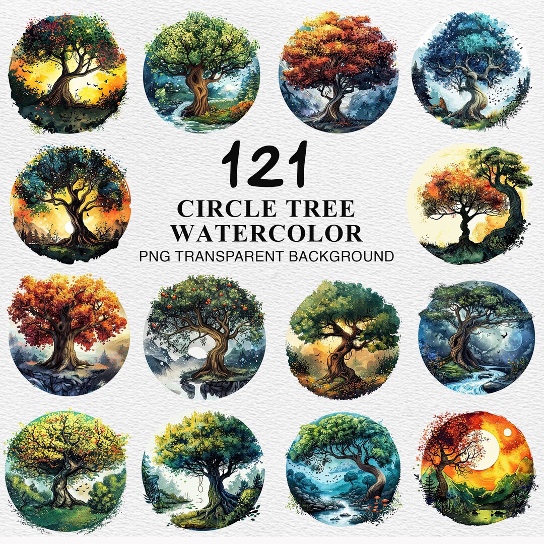 Trees Watercolor, 121 Tree Watercolor, Circle Trees Bundle Clipart ...