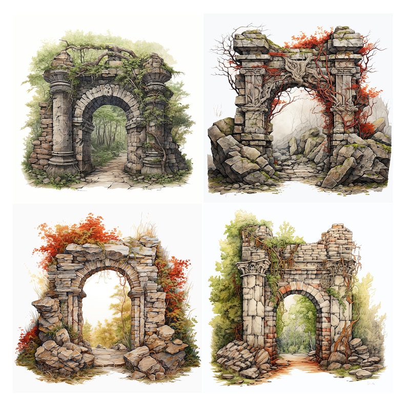 Old Stone Gate Watercolor, 25 Rustic Stone Gates Clipart , Stone Gates ...