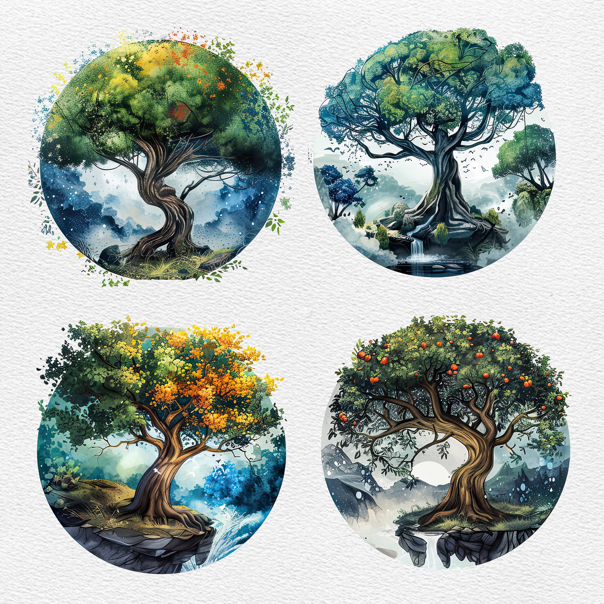 Trees Watercolor, 121 Tree Watercolor, Circle Trees Bundle Clipart ...
