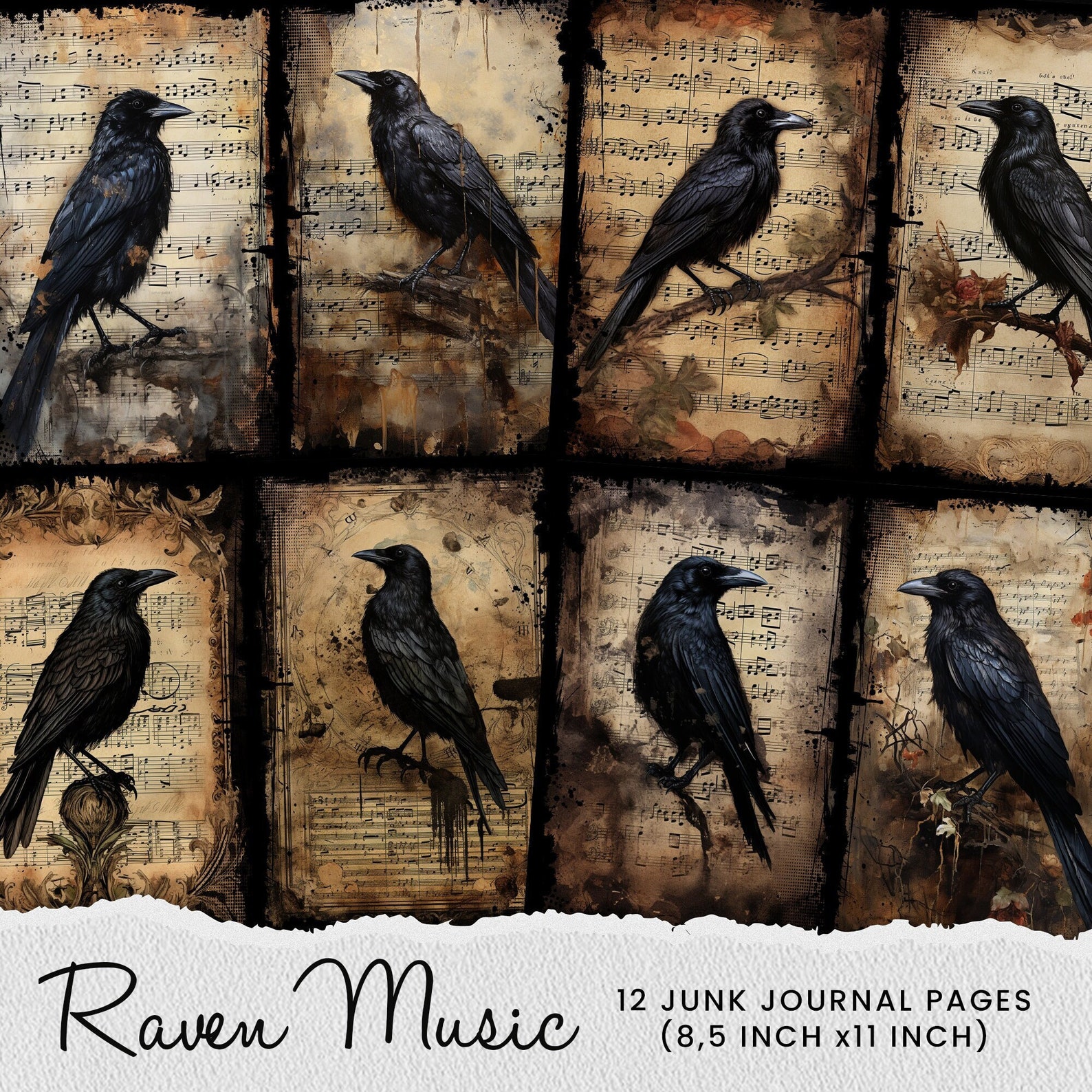 Black Raven Crow Sheet Music Junk Journal Page, Raven Sheet Music ...