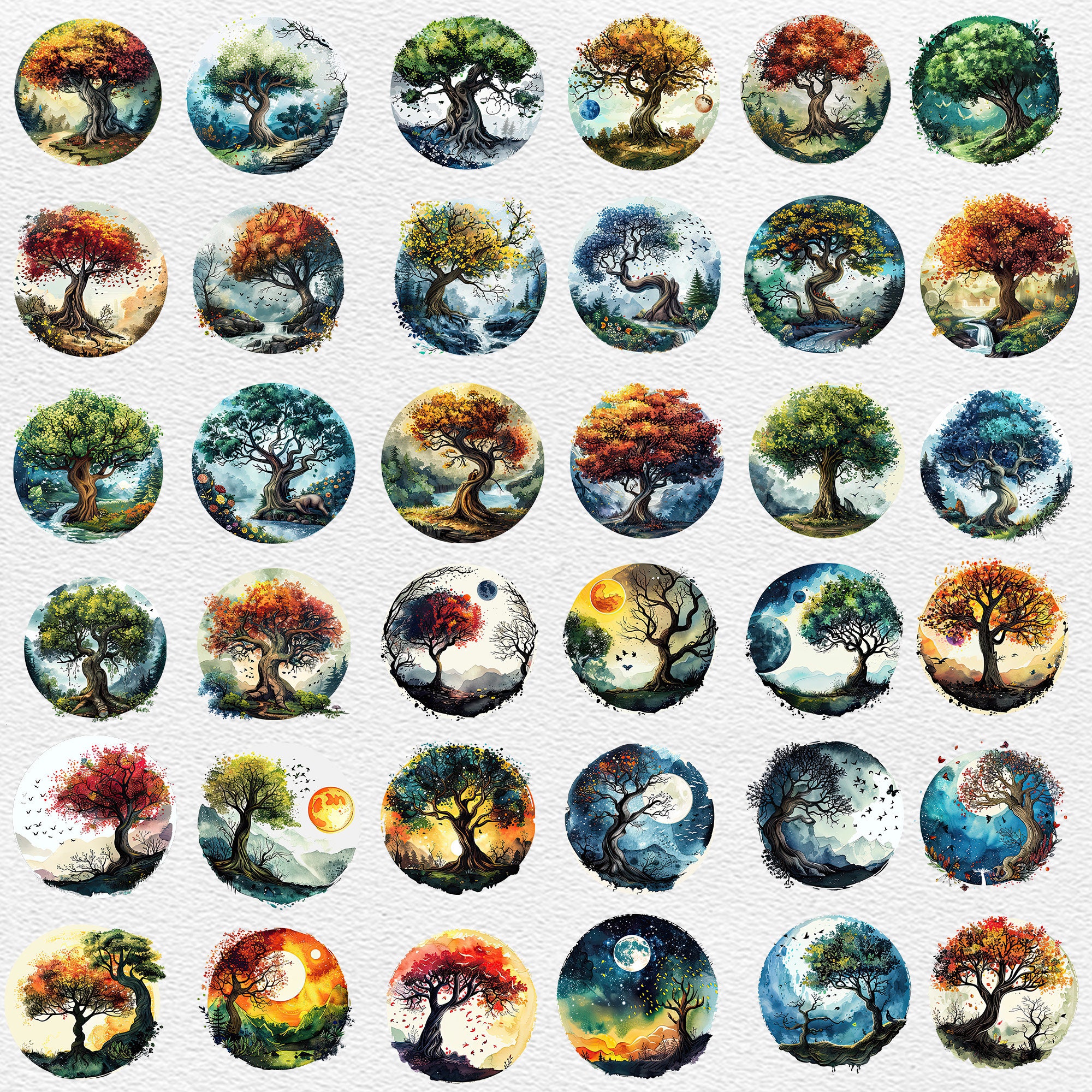 Trees Watercolor, 121 Tree Watercolor, Circle Trees Bundle Clipart ...
