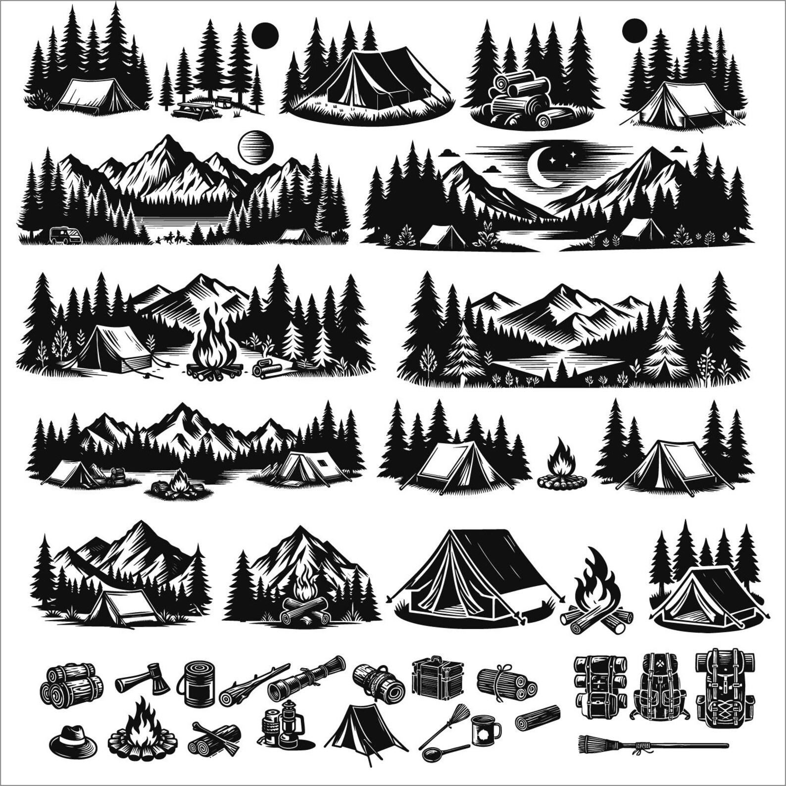 Camping Tent SVG Bundle – Mountain, Forest, Campfire Clipart (png, Eps ...