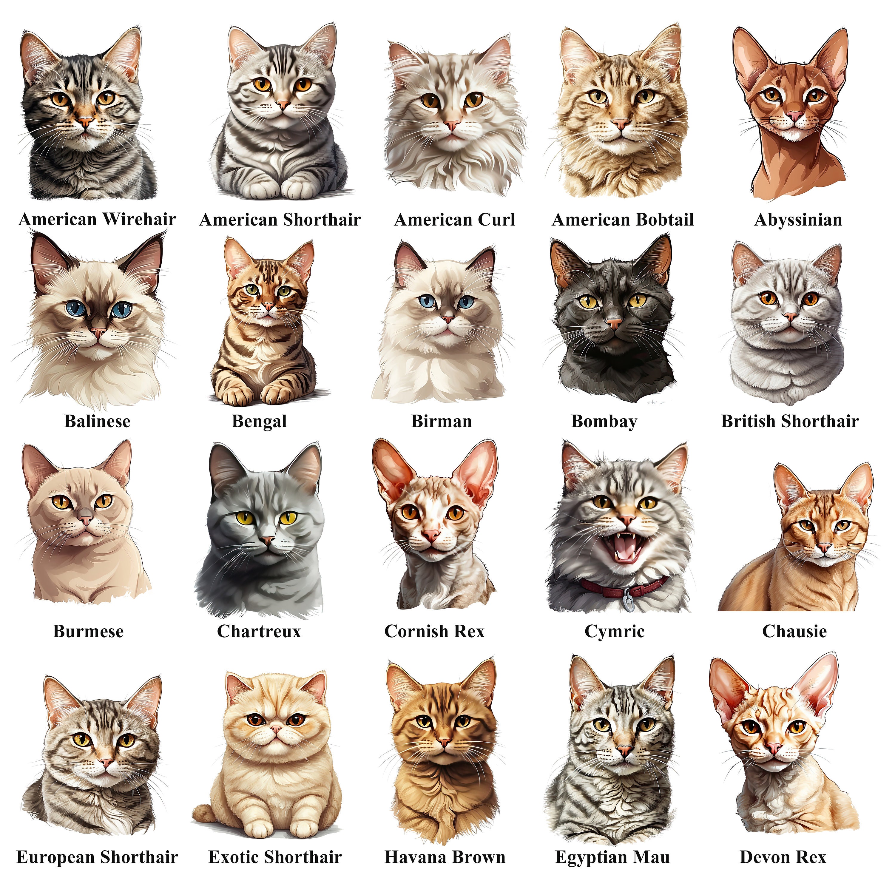 Cat Clipart, Cute Cat Clipart, Cat Breeds Clipart, Cat in the World - Etsy