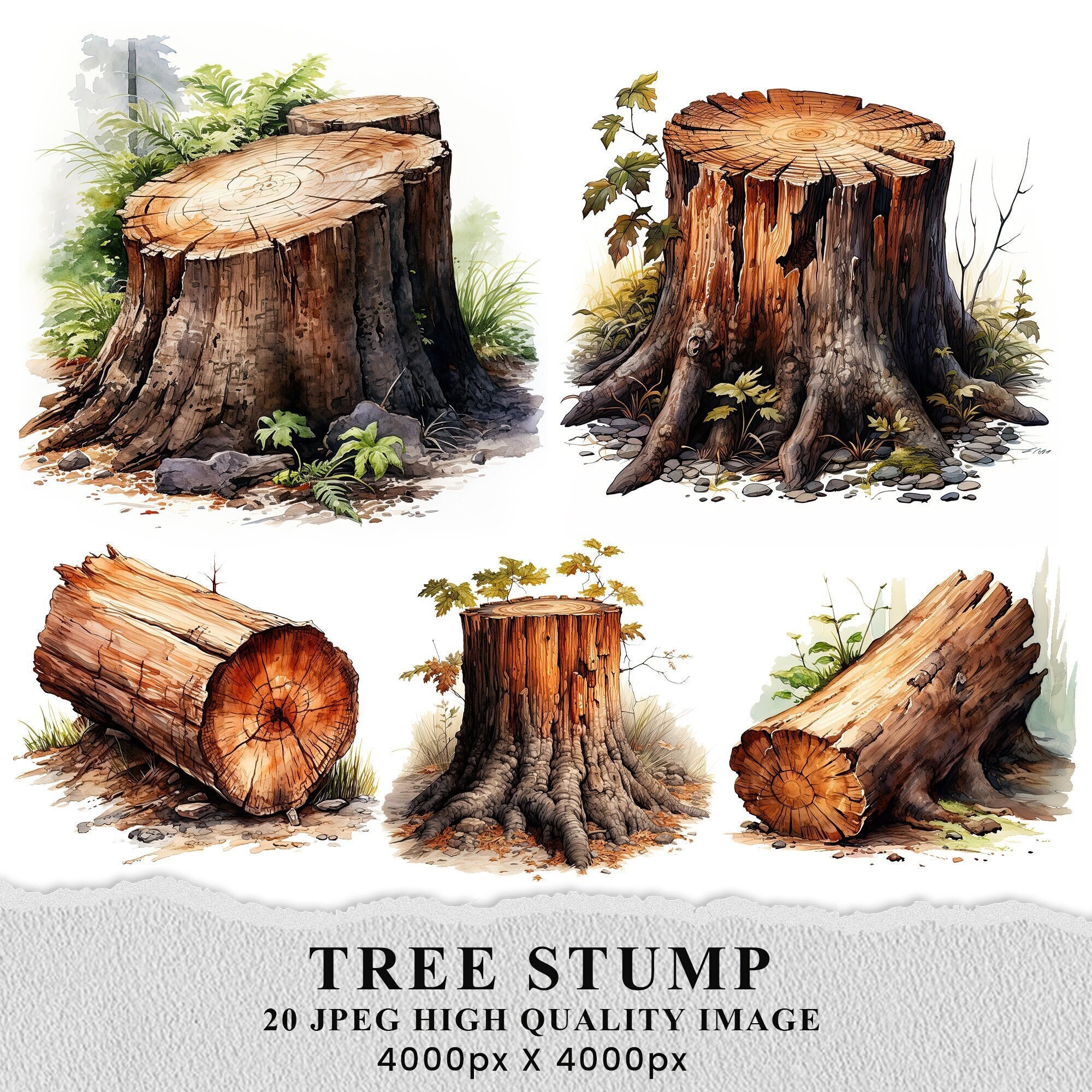 Tree Stump Watercolor, 20 Watercolor Tree Trunk, Tree Stump Bundle ...