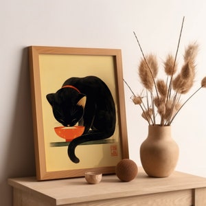 Bowl of Rice Cat Art, Tokyo Black Cat Rice Art Print, Japanese Food ...