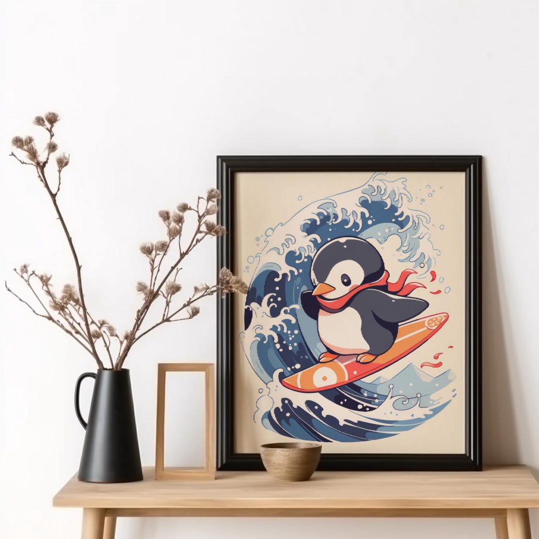 Surfing Penguin Poster Kids Decor Surfer Wall Art Retro Surf Poster ...