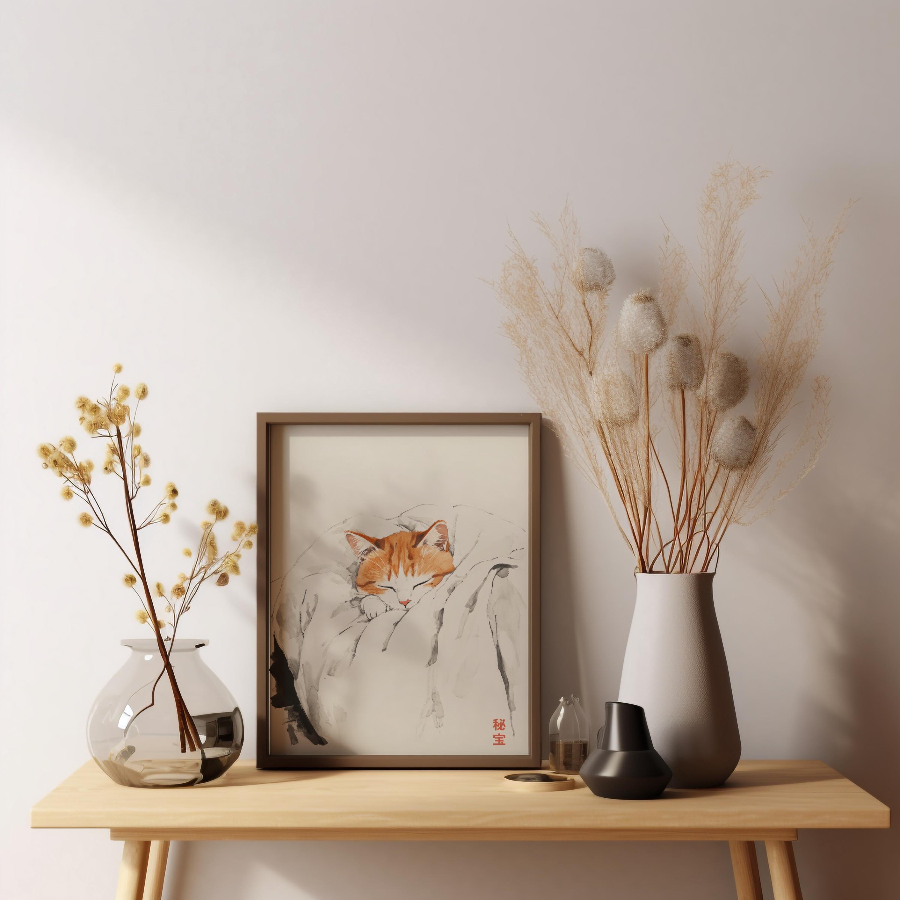 Japanese Tabby Cat Wall Art, Japanese Kitten Sleeping White Blanket Art ...